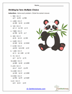 Tens Multiple-Choice Worksheet - Dividing by 10