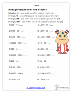 Tens Rule Practice Worksheet - Dividing by 10, 100, and 1,000