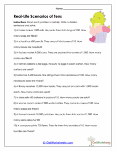 Real-Life Tens Scenarios Worksheet - Division by Powers of Ten