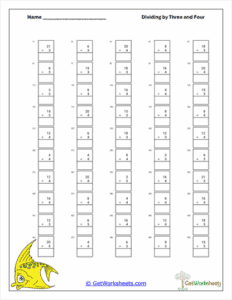 Boxed Divergence Practice Worksheet - Division by 3s & 4s