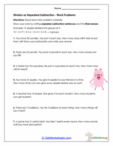 Subtraction Word Problems Worksheet - Division as Repeated Subtraction