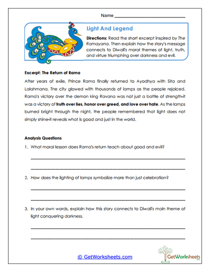 Light and Legend Worksheet - Reading Analysis & Theme Connection