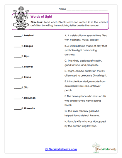 Words of Light Worksheet - Vocabulary Matching & Cultural Concepts