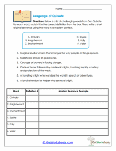 Vocabulary Practice Worksheet - Don Quixote Language & Application