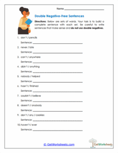 Double Negative-Free Sentences Worksheet - Building Clear Sentences
