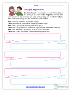 Dialogue Negative Fix Worksheet - Editing Double Negatives