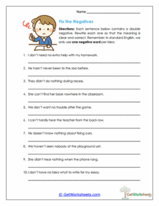 Fix the Negatives Worksheet - Correcting Double Negatives