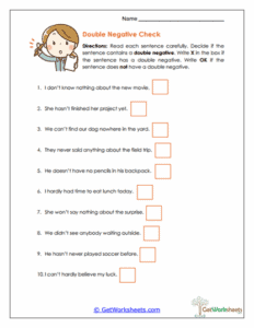 Double Negative Check Worksheet - Grammar Accuracy Review