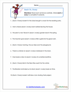 Each vs. Every Sentences Worksheet - Determiner Usage Practice