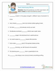 Each and Every Fill-Ins Worksheet - Context-Based Determiner Practice