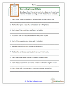 Correcting Every Mistake Worksheet - Each vs. Every Editing