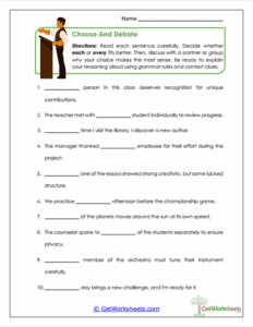 Choose and Debate Worksheet - Each vs. Every Reasoning