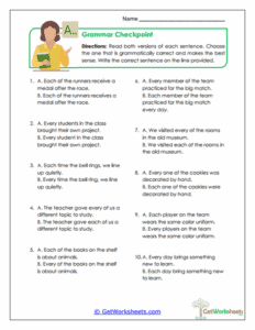 Grammar Checkpoint Worksheet - Each vs. Every Accuracy