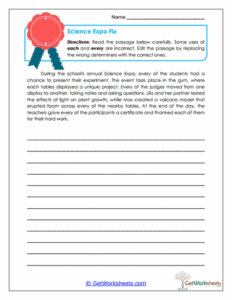 Science Expo Fix Worksheet - Each vs. Every Editing