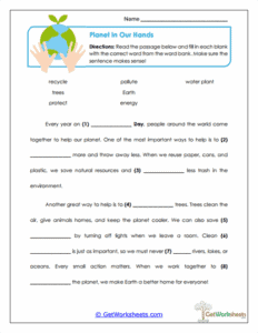 Planet in Our Hands Worksheet - Earth Day Cloze Reading