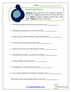 Planet Truth Check Worksheet - Fact vs. Opinion Reasoning