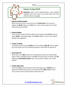 Hoppy Budget Math Worksheet - Money Word Problems