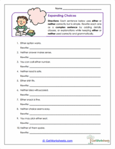 Expanding Choices Worksheet - Sentence Expansion with Either/Neither
