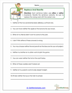 Replace and Rewrite Worksheet - Either vs. Neither Editing