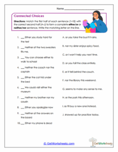 Connected Choices Worksheet - Either/Or & Neither/Nor Practice