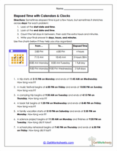 Elapsed Time with Calendars Worksheet - Multi-Day Time Math