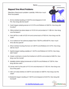 Elapsed Time Word Problems Worksheet - Real-World Math Reading