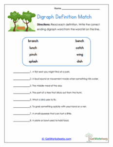Definition Match Worksheet - Ending Digraph Vocabulary