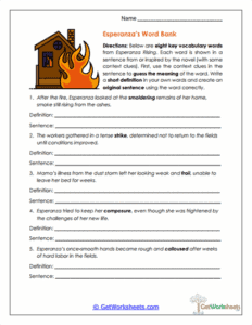 Vocabulary Builder Worksheet - Esperanza Rising Context & Word Use