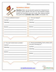 Quote Interpretation Worksheet - Fahrenheit 451 Literary Devices & Meaning