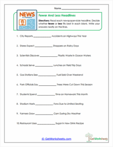 Fewer and Less Headlines Worksheet - Grammar in Real Contexts