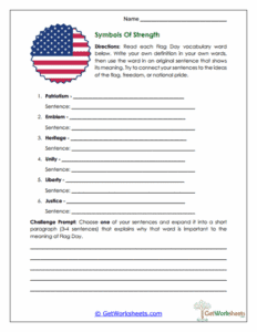 Symbols of Strength Worksheet - Vocabulary Development & Sentence Writing