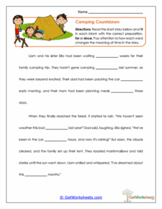 Camping Countdown Worksheet - Using For & Since in Context
