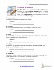 Language of Douglass Worksheet - Vocabulary & Tone Analysis