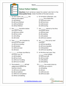 Future Perfect Options Worksheet - Choosing the Correct Tense