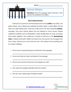 German Glimpse Worksheet - Informational Reading & Culture