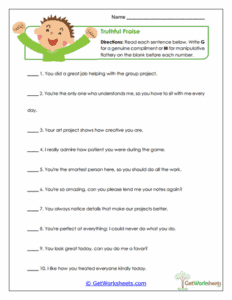 Truthful Praise Worksheet - Genuine Compliments vs. Flattery