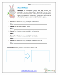 Cause and Effect Worksheet - Goodnight Moon Comprehension