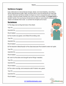 Sentence Surgery Worksheet - Revising for Clarity & Grammar