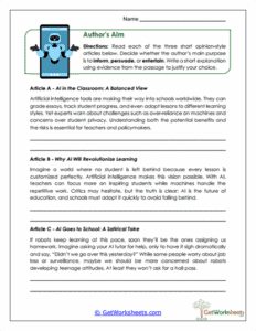 Author's Purpose Worksheet - Inform, Persuade, or Entertain
