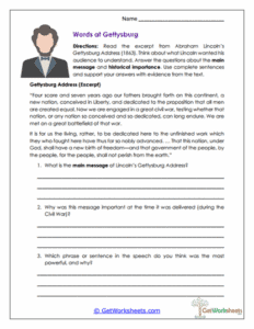 Gettysburg Reflections Worksheet - Analyzing a Historic Speech