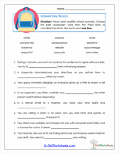 School Day Words Worksheet - Academic Vocabulary in Context