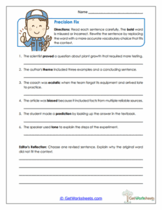 Precision Fix Worksheet - Correcting Misused Vocabulary