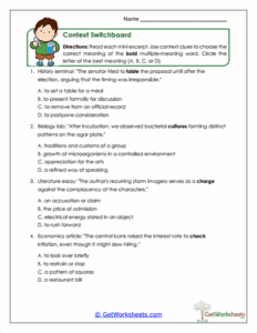 Context Switchboard Worksheet - Multiple Meaning & Context Clues