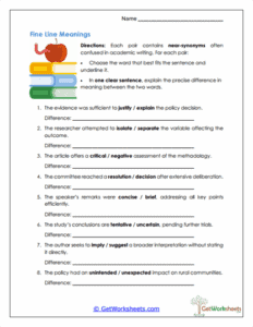 Fine Line Meanings Worksheet - Distinguishing Near-Synonyms