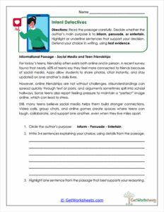 Intent Detectives Worksheet - Discovering Author's Purpose