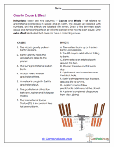 Causes and Effects Worksheet - Gravity & Motion Relationships