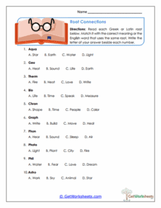 Root Connections Worksheet - Greek & Latin Roots Basics