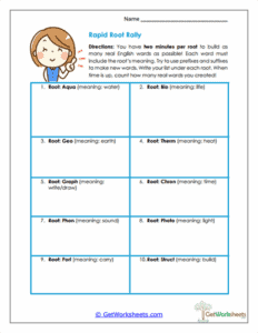Rapid Root Rally Worksheet - Root-Based Vocabulary Fluency