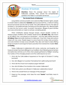 Shadows of Samhain Worksheet - Reading Comprehension & Historical Origins