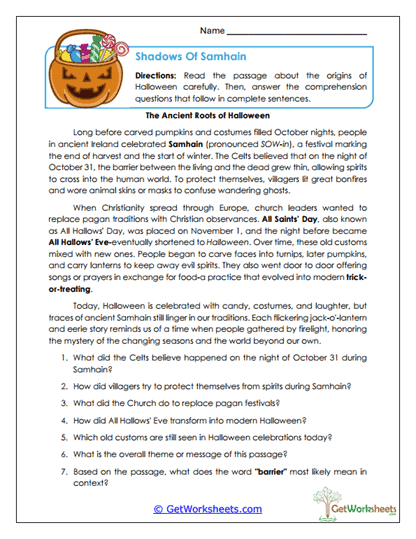 Shadows of Samhain Worksheet - Reading Comprehension & Historical Origins